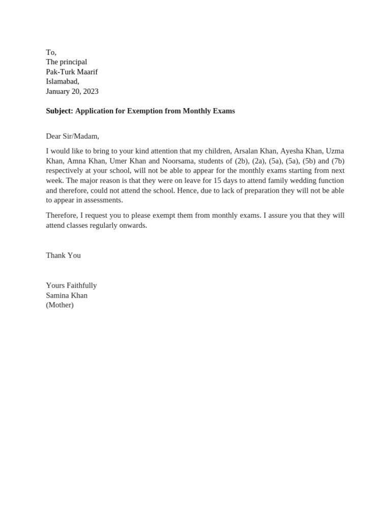 Monthly Exam Exemption Request | PDF