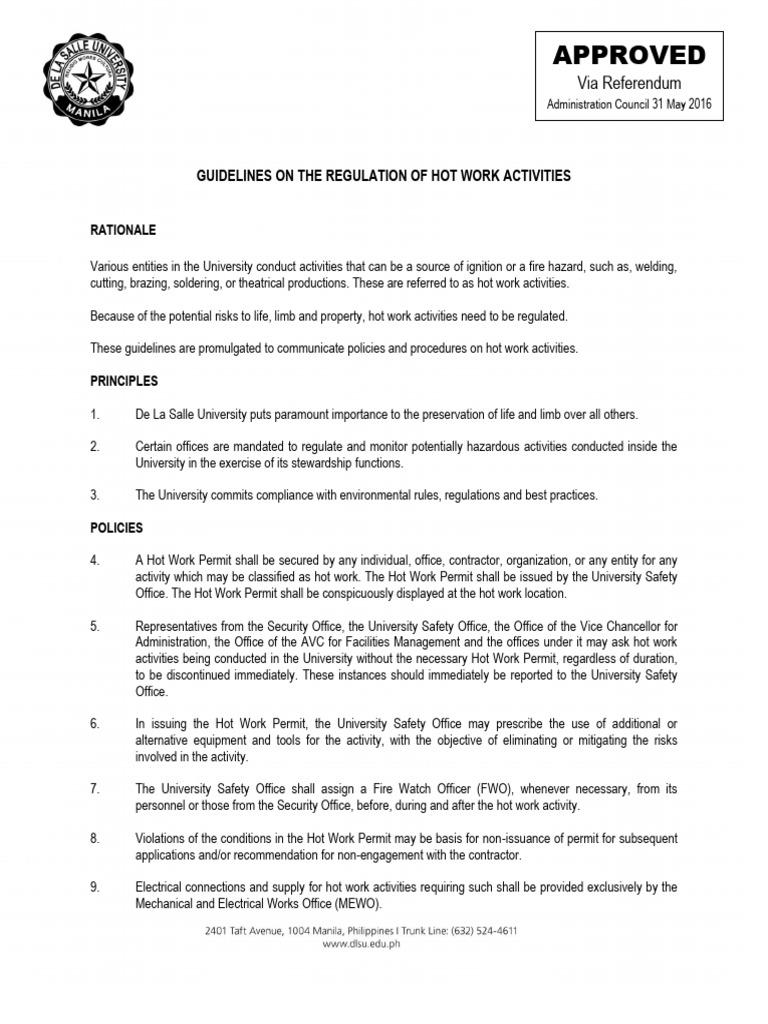 Guidelines On The Regulation of Hot Work Activities | PDF | Fire Safety ...