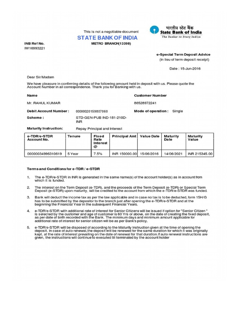 Term Deposit Advice | PDF