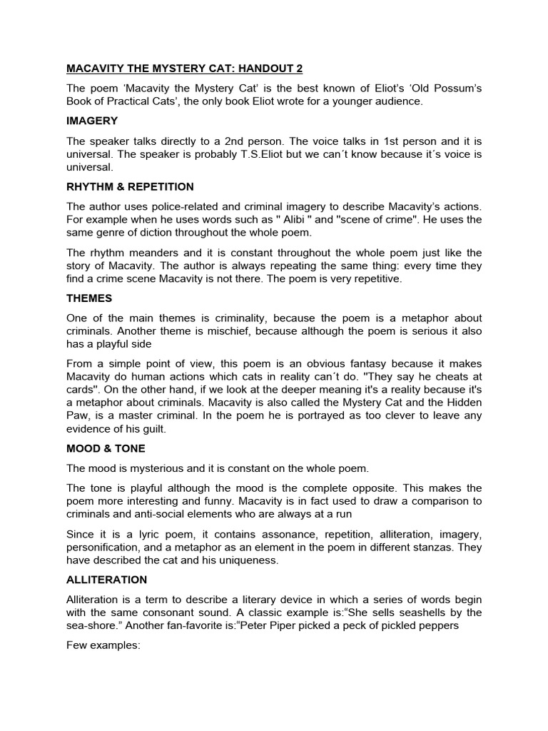 2025 Macavity The Mystery Cat Handout 2 | PDF | Poetry | Metaphor