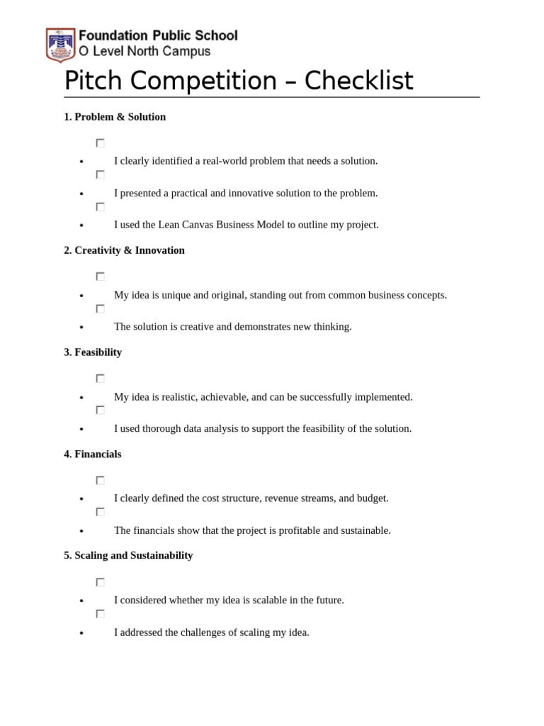 Pitch Competition - Checklist: 1. Problem & Solution | PDF