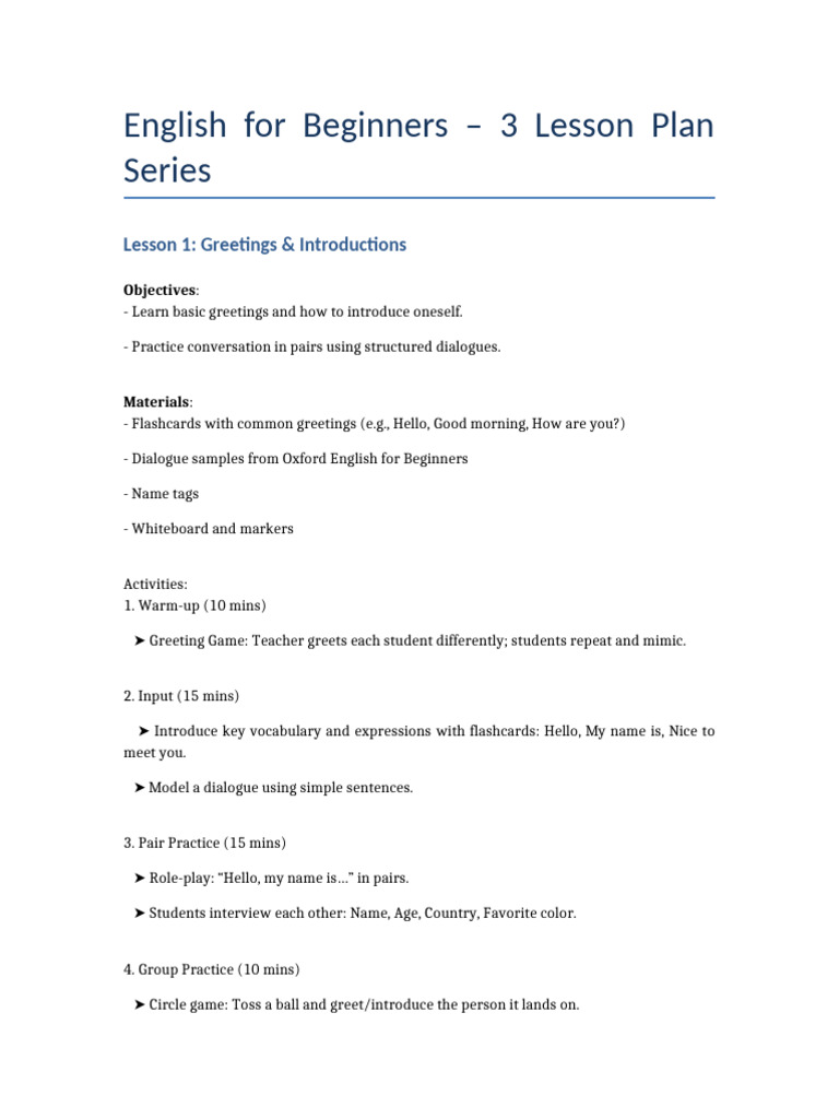 English Beginners Lesson Plan | PDF | Human Communication | Learning
