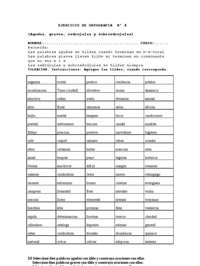 Ejercicios Agudas, Graves, Esdrujulas | PDF