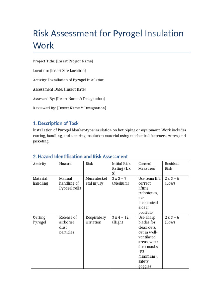 Pyrogel Insulation Risk Assessment | PDF | Safety | Working Conditions