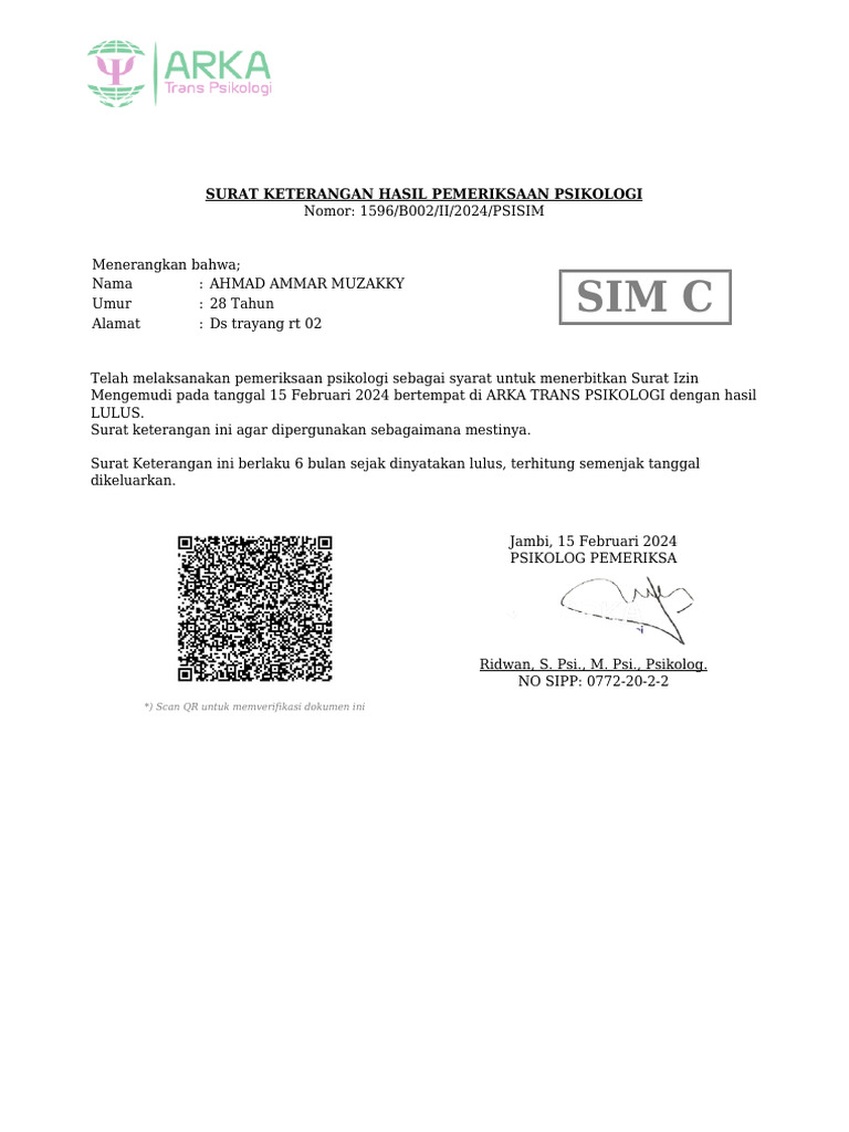 Surat Keterangan Hasil Pemeriksaan Psikologi | PDF
