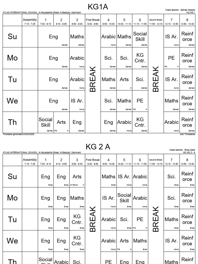 KG1-Gr12 - Class Scheudle - Girls' Section | PDF