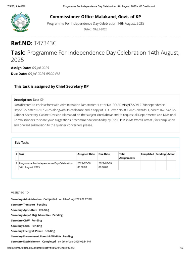 Programme For Independence Day Celebration 14th August, 2025 - KP ...