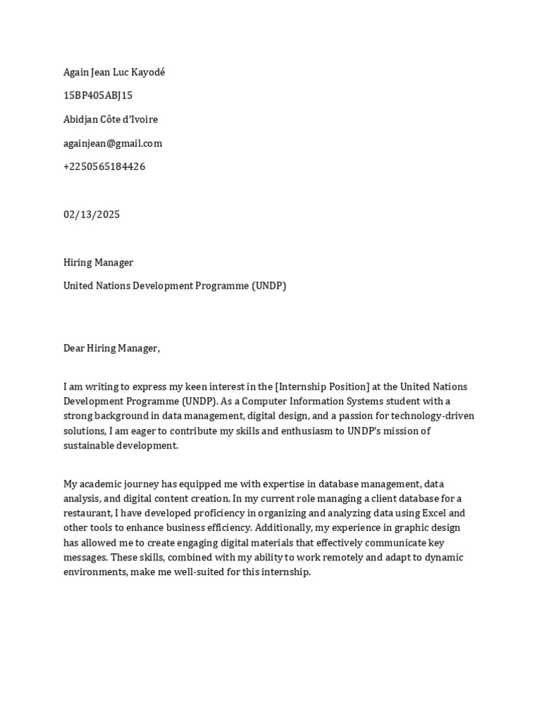 UNDP Internship Cover Letter | PDF