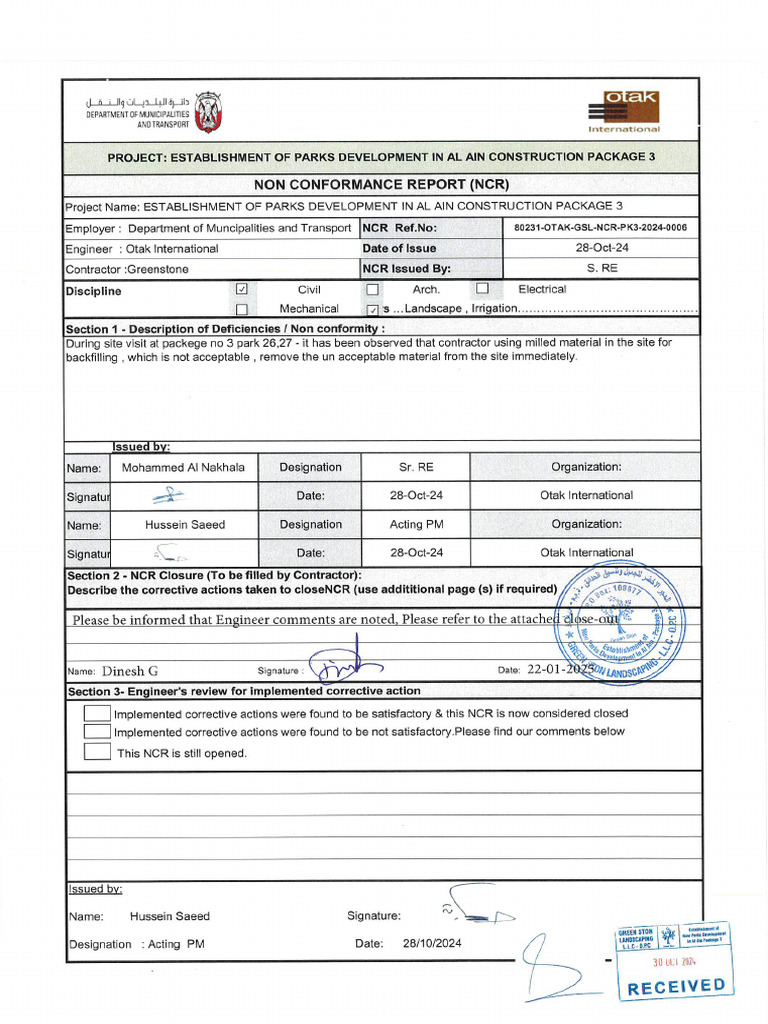 OTAK GSL NCR PK3 2024 0006 01 Non Conformance Report Close Out | PDF