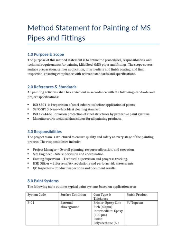 Method Statement Painting MS Pipes Detailed | PDF | Paint | Coating