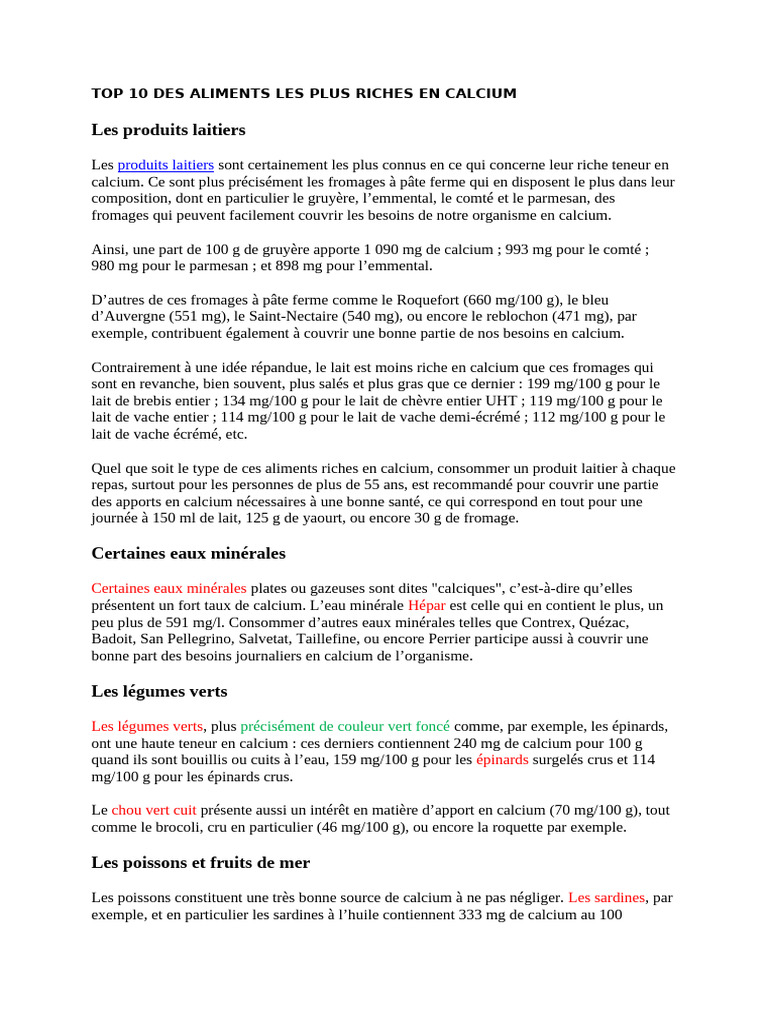 Top 10 des aliments riches en calcium | PDF | Calcium | Fromage