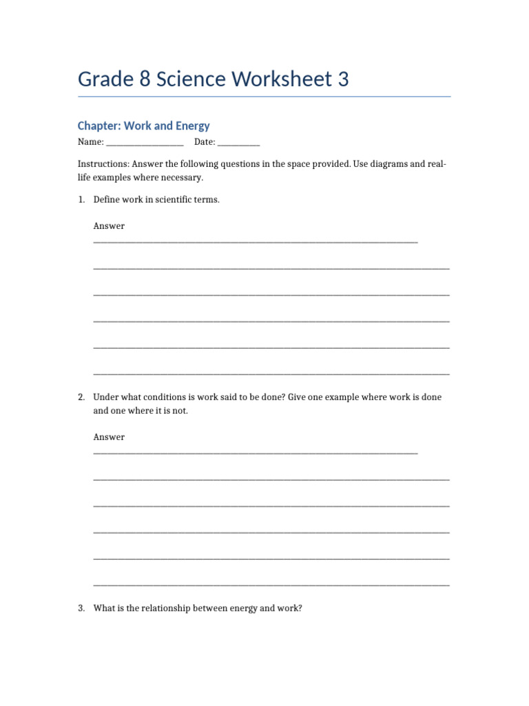 Grade 8 Energy and Work Worksheet | PDF | Potential Energy | Chess