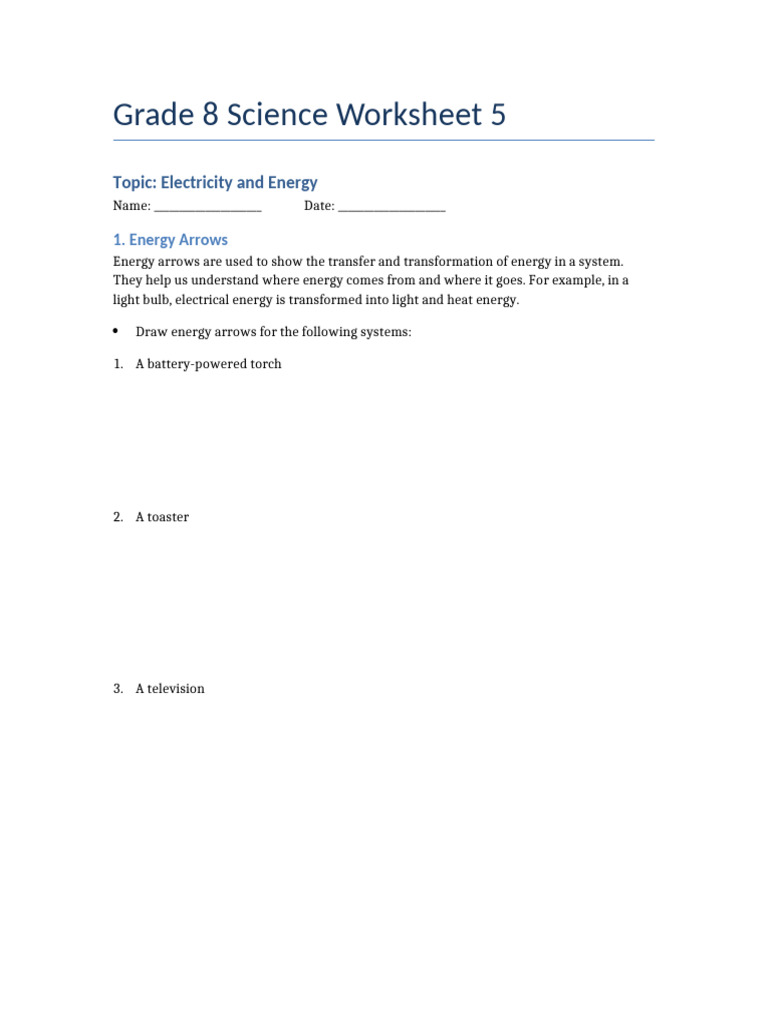 Grade 8 Energy and Electricity Worksheet | PDF