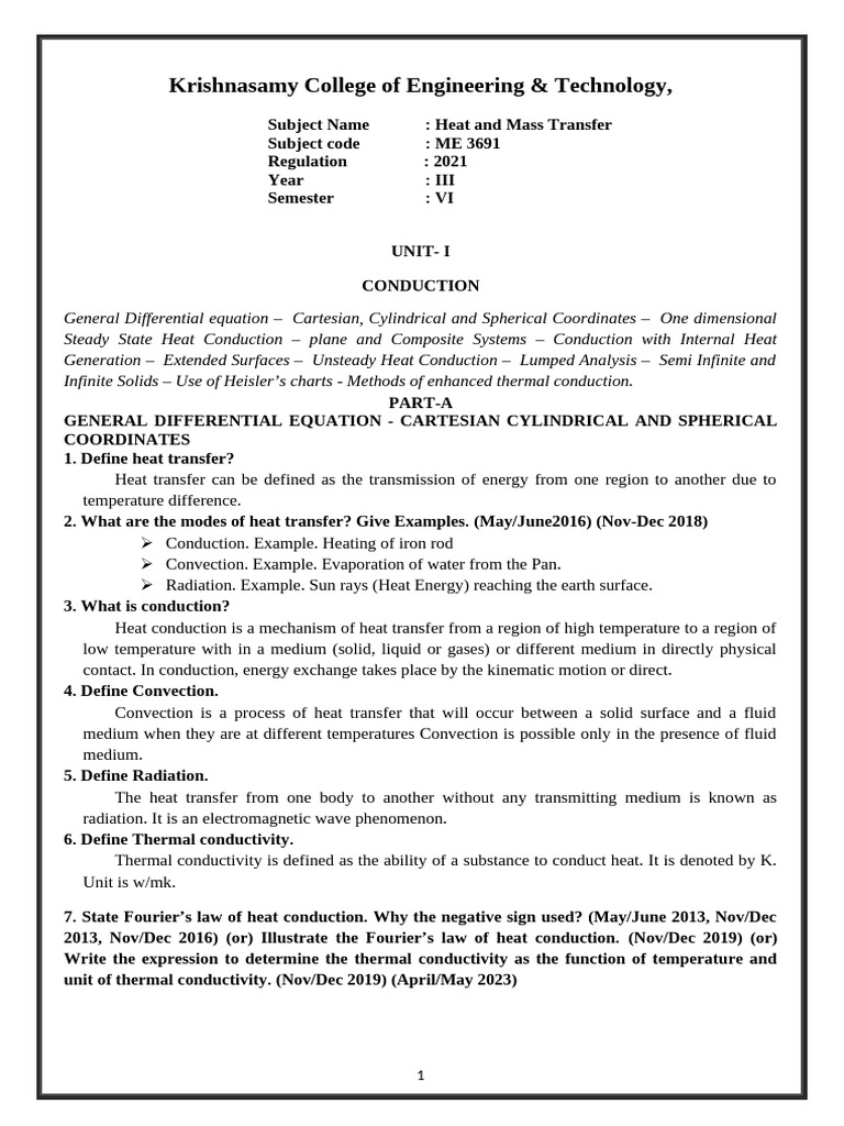 III-HMT - Unit 1 2024 Completed | PDF | Thermal Conduction | Heat Transfer