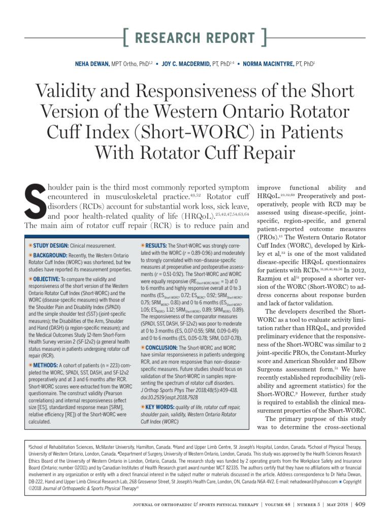 Validity and Responsiveness of The Short Version of The Western Ontario ...