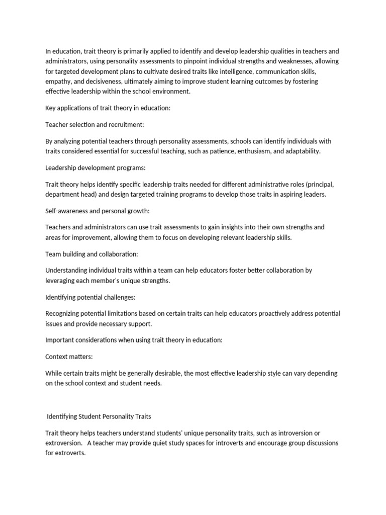Application of Trait Theory | PDF | Leadership | Teachers