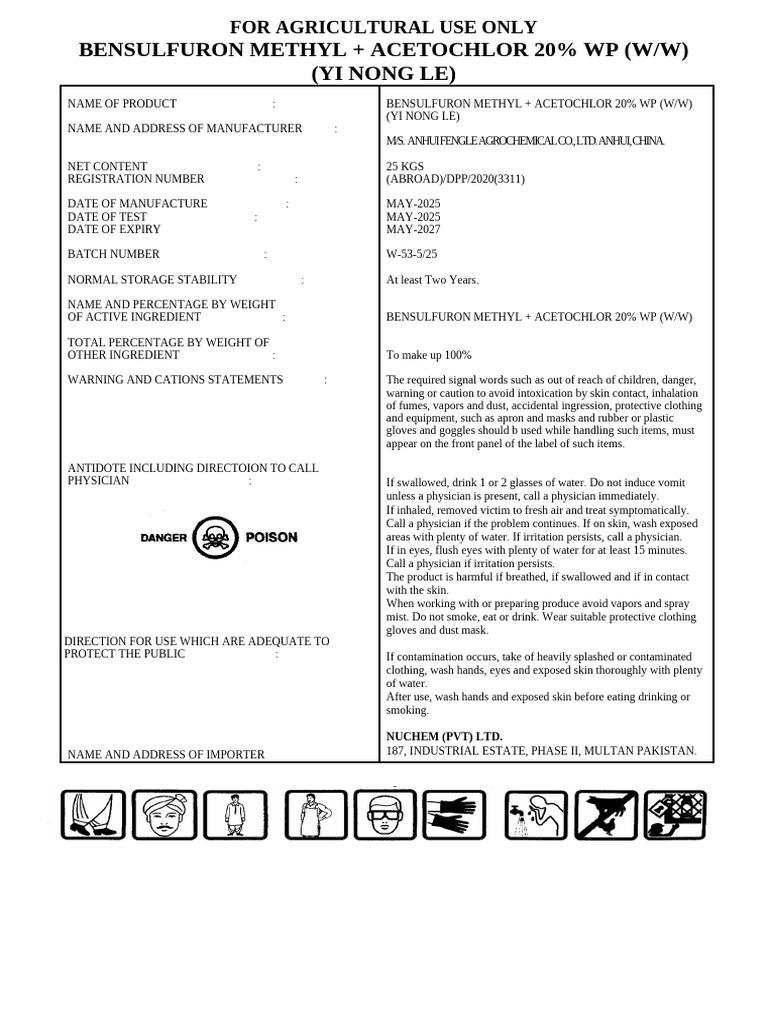 Bensulfuron + Acetochlor-L (Nuchem) | PDF | Personal Protective ...