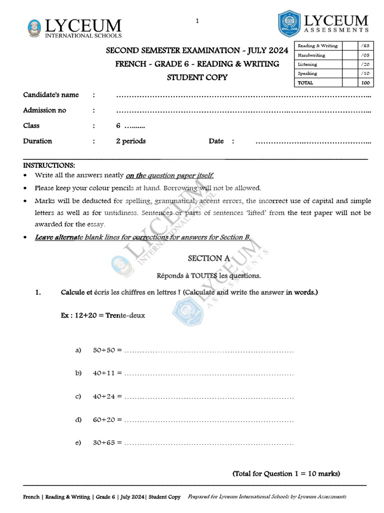 French - Grade 6 - Second Semester Examination 2024 - Reading & Writing ...