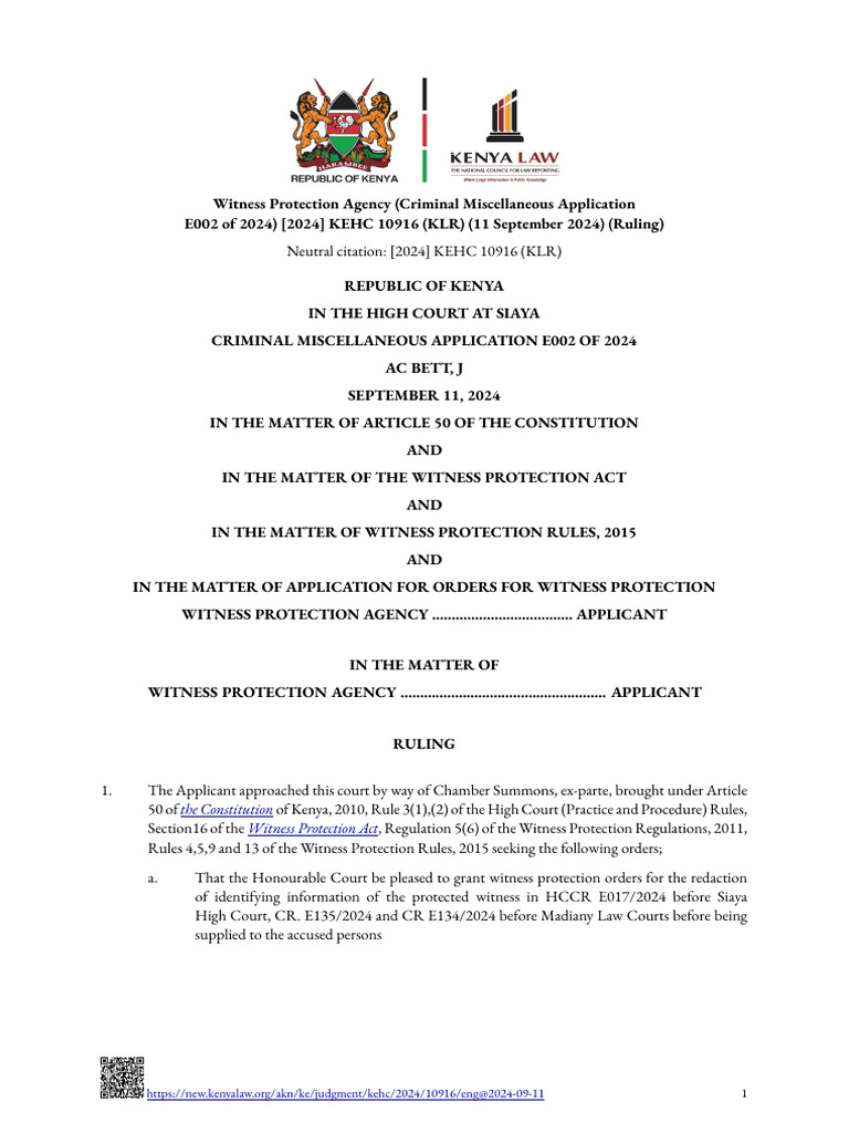 Witness Protection Agency (2024) KEHC 10916 (KLR) | PDF | Witness ...