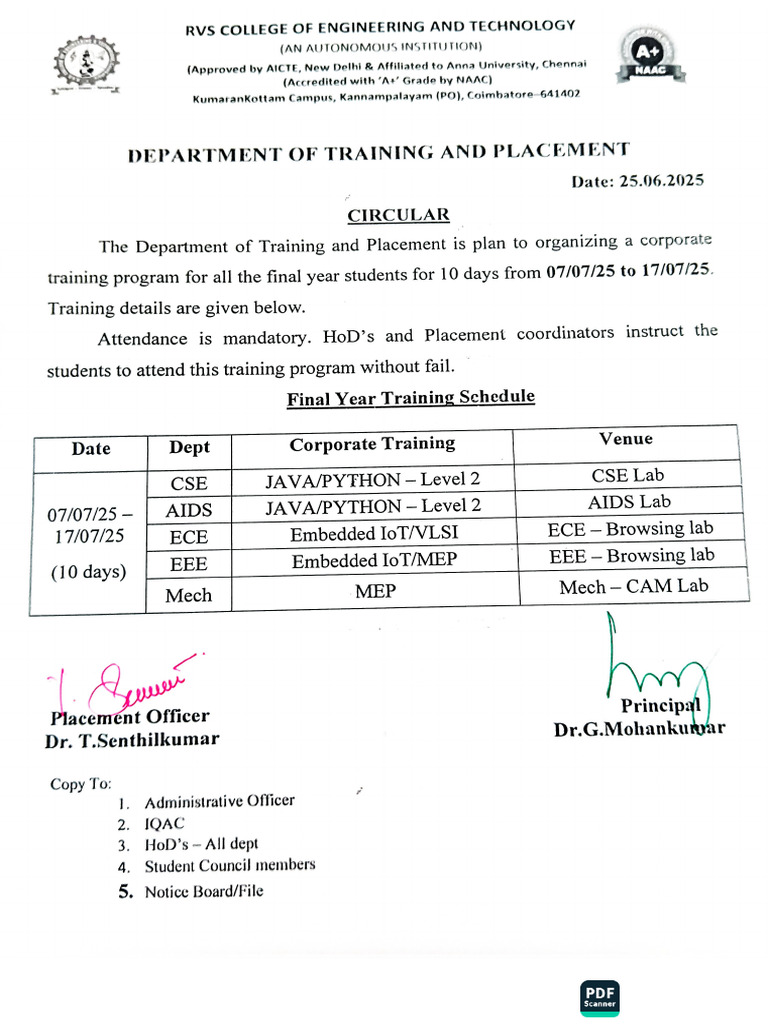 IV Year Training Circular | PDF