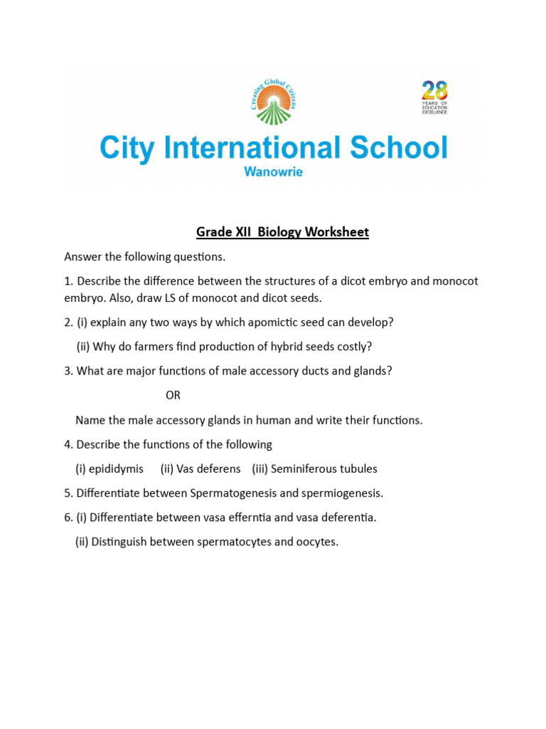 Grade XII Biology Worksheet | PDF