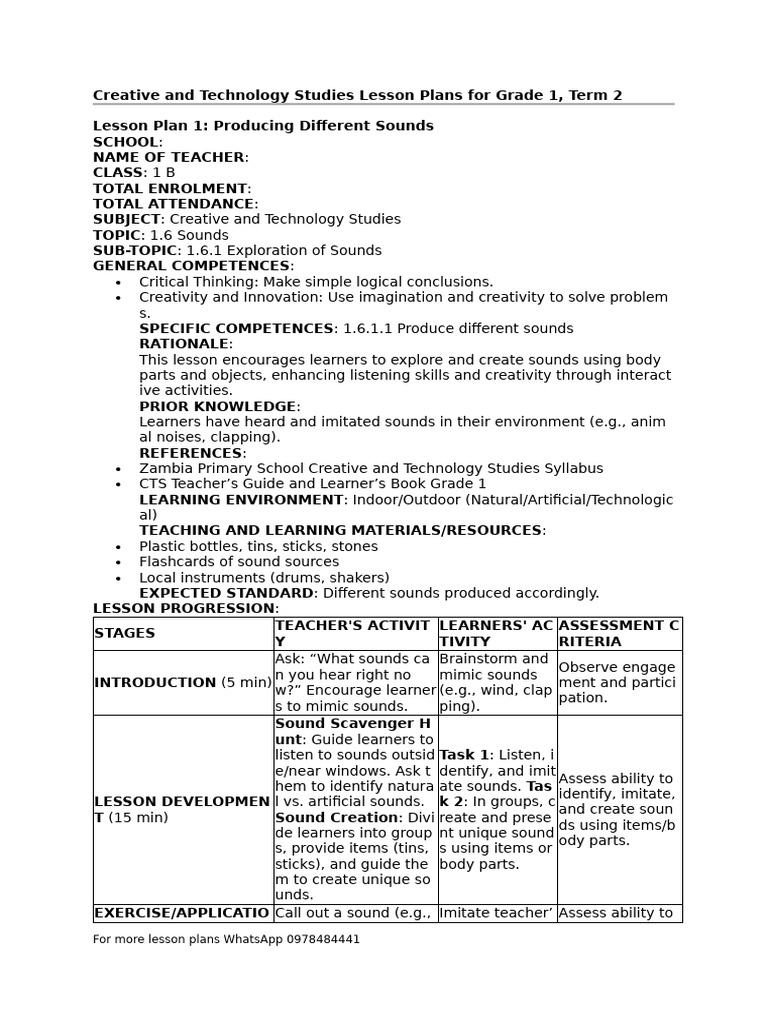 Grade 1 Creative and Technology Studies Lesson Plans Term 2 | PDF ...