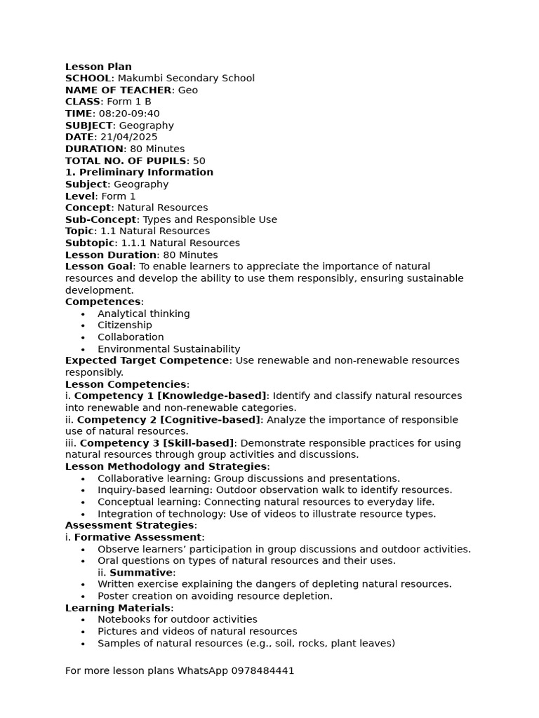 Form 1 Geography-Term-2 Lesson Plans | PDF | Lesson Plan | Sustainability