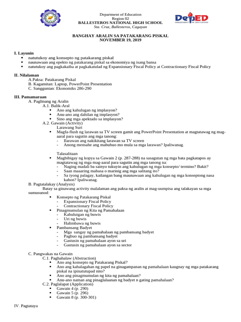 Banghay Aralin Sa Patakarang Piskal | PDF