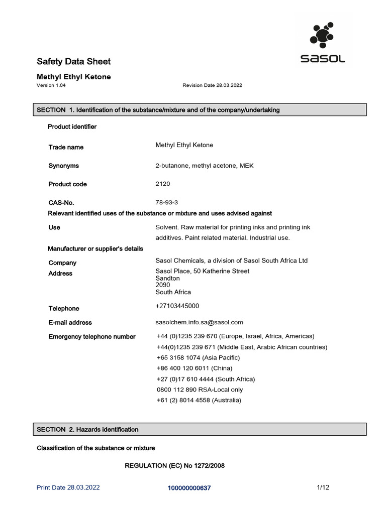 Methyl Ethyl Ketone SDS | PDF | Toxicity | Occupational Safety And Health