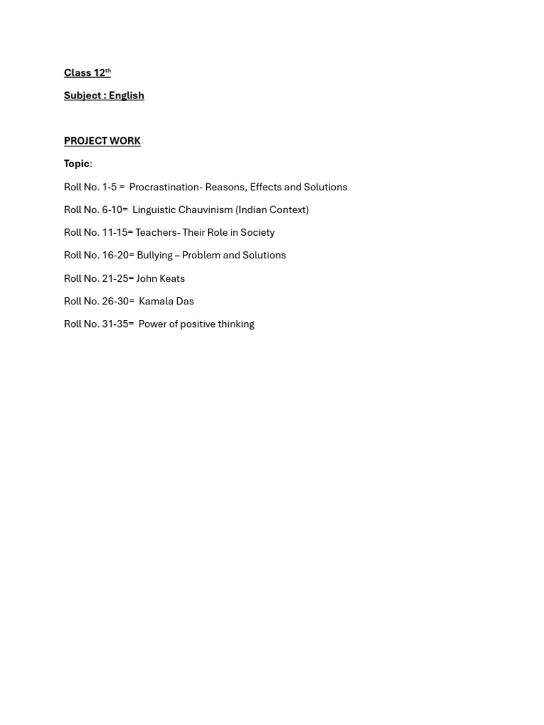 Eng 12th Project Work Guidelines | PDF