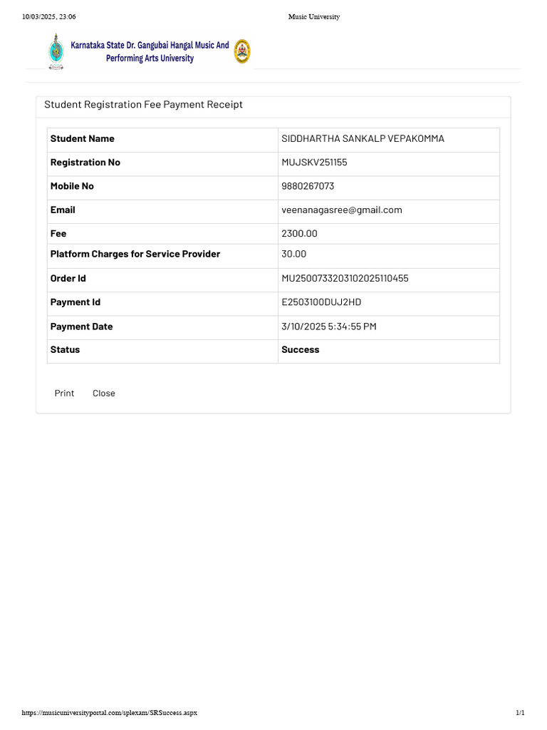 Music University Payment Receipt | PDF