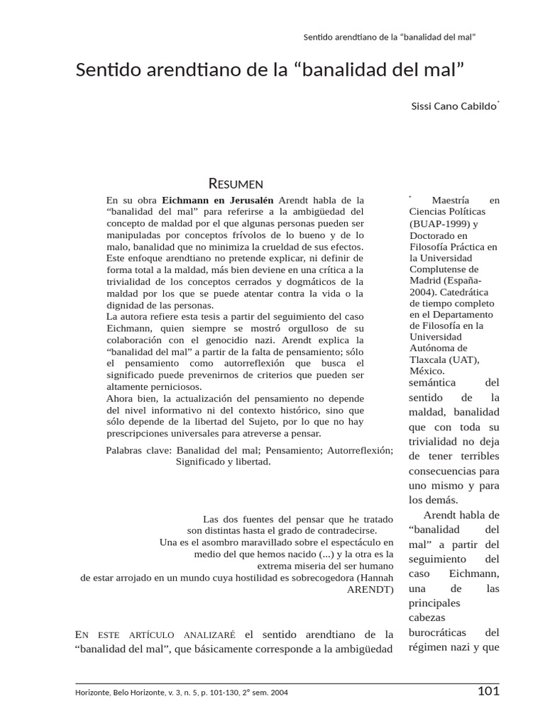 Banalidad del mal en Arendt: Eichmann | PDF | Hannah Arendt | Mal