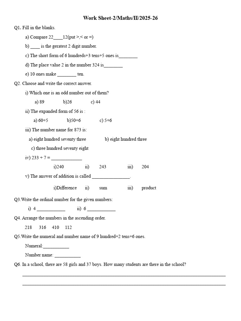 Work Sheet-2 Class 2 Maths | PDF