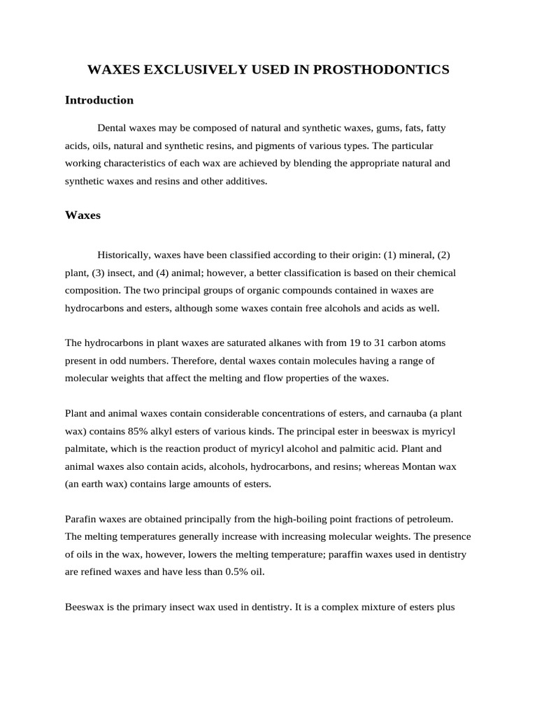 Dental Waxes in Prosthodontics Explained | PDF | Wax | Thermal Expansion
