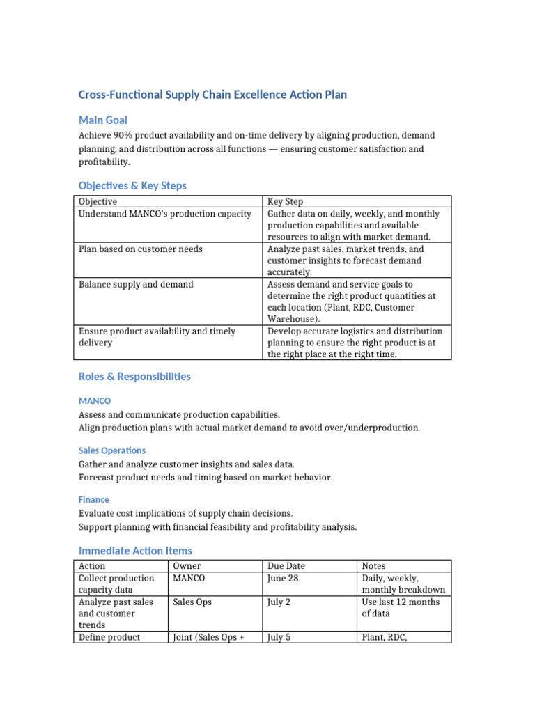 Updated Cross Functional Supply Chain Excellence Action Plan | PDF | Supply Chain | Forecasting