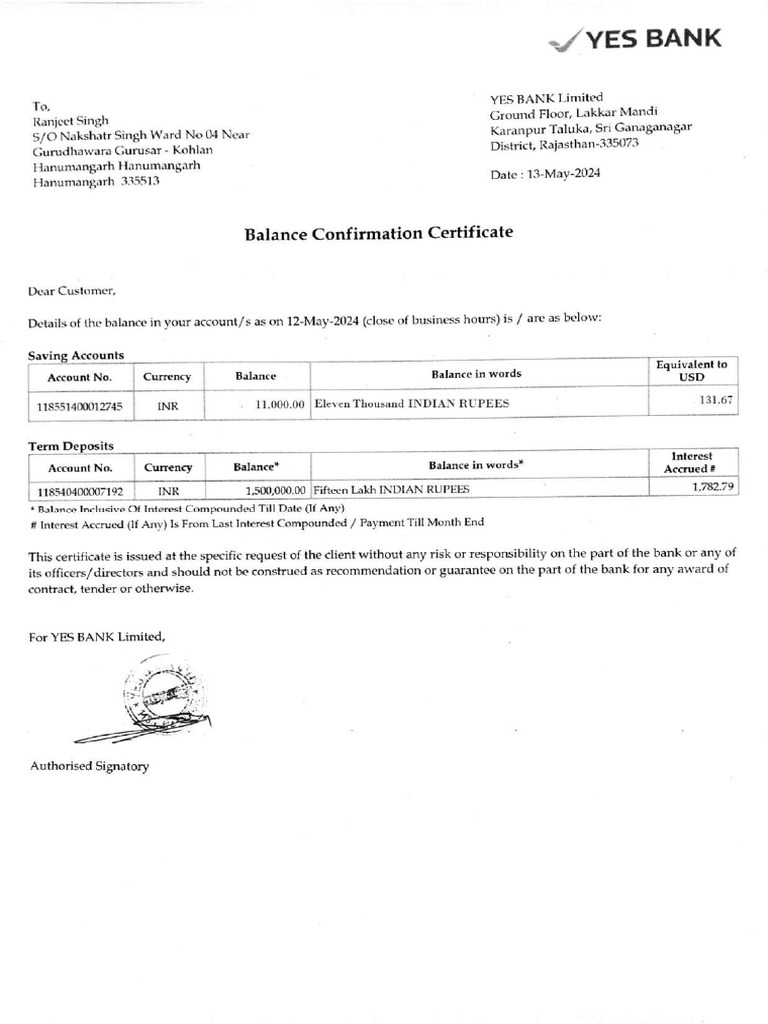 FD and Balance Certificate | PDF