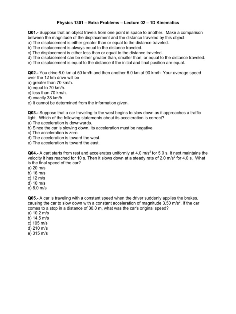 Phys1301 - ExtraProblems Lecture02 | PDF | Acceleration | Classical Mechanics