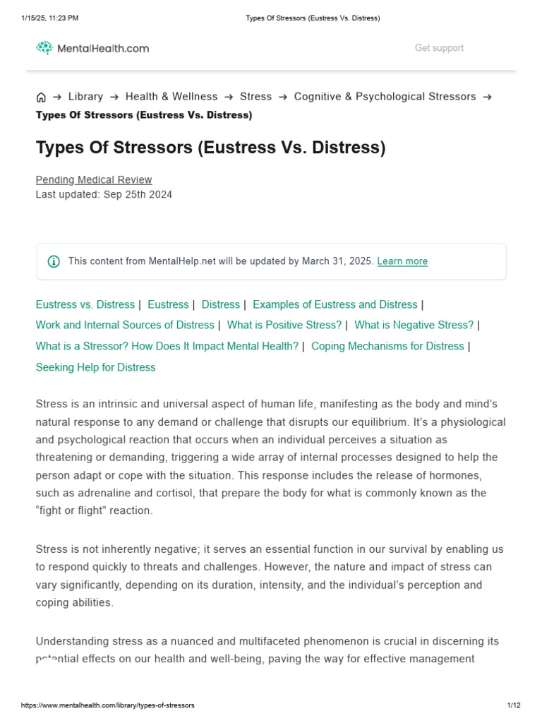 Types of Stressors (Eustress vs. Distress) | PDF | Stress (Biology ...