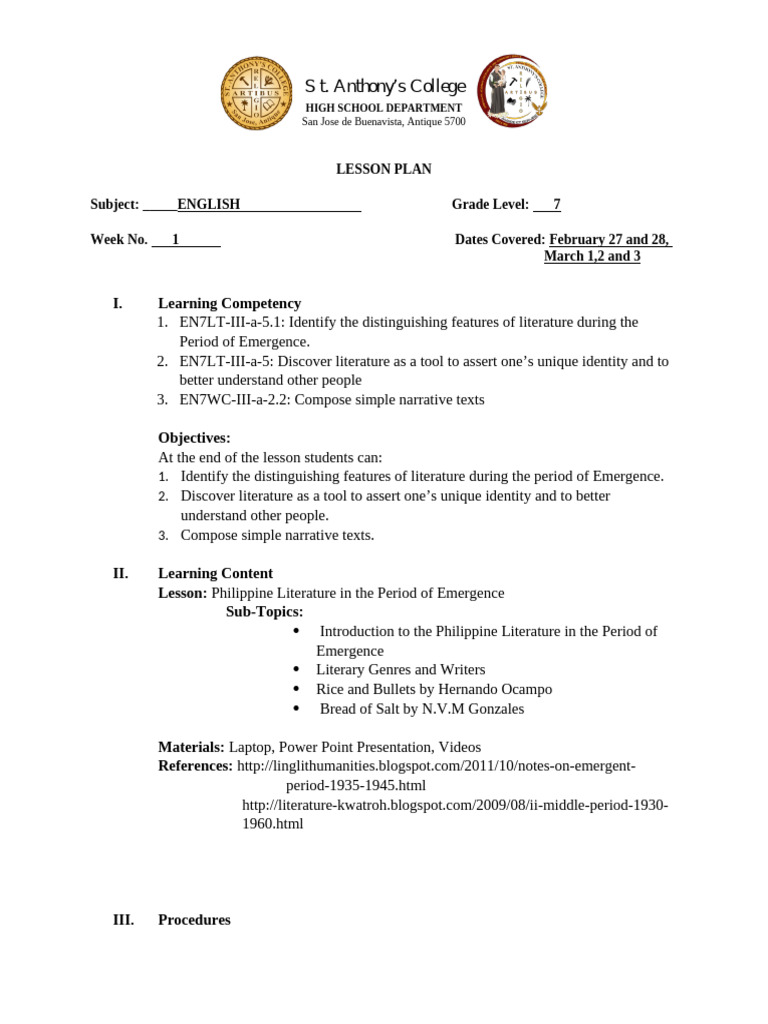 Grade 7 English Lesson Plan: Philippine Literature | PDF | Lesson Plan ...