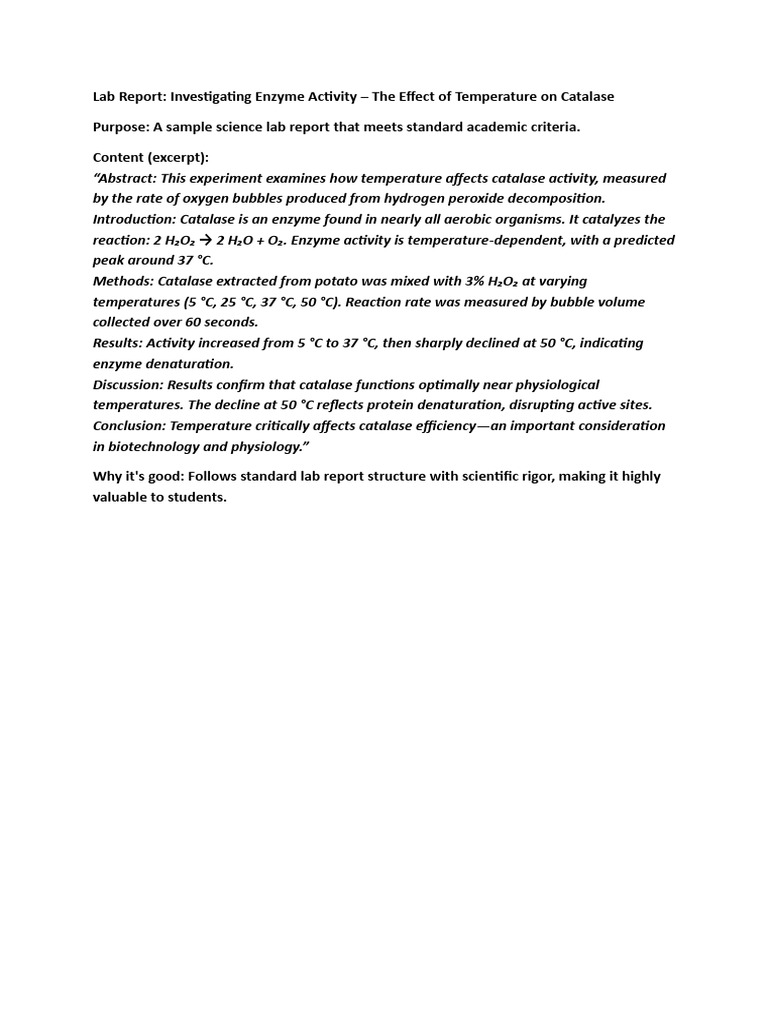 Lab Report Investigating Enzyme Activity - The Effect of Temperature On ...