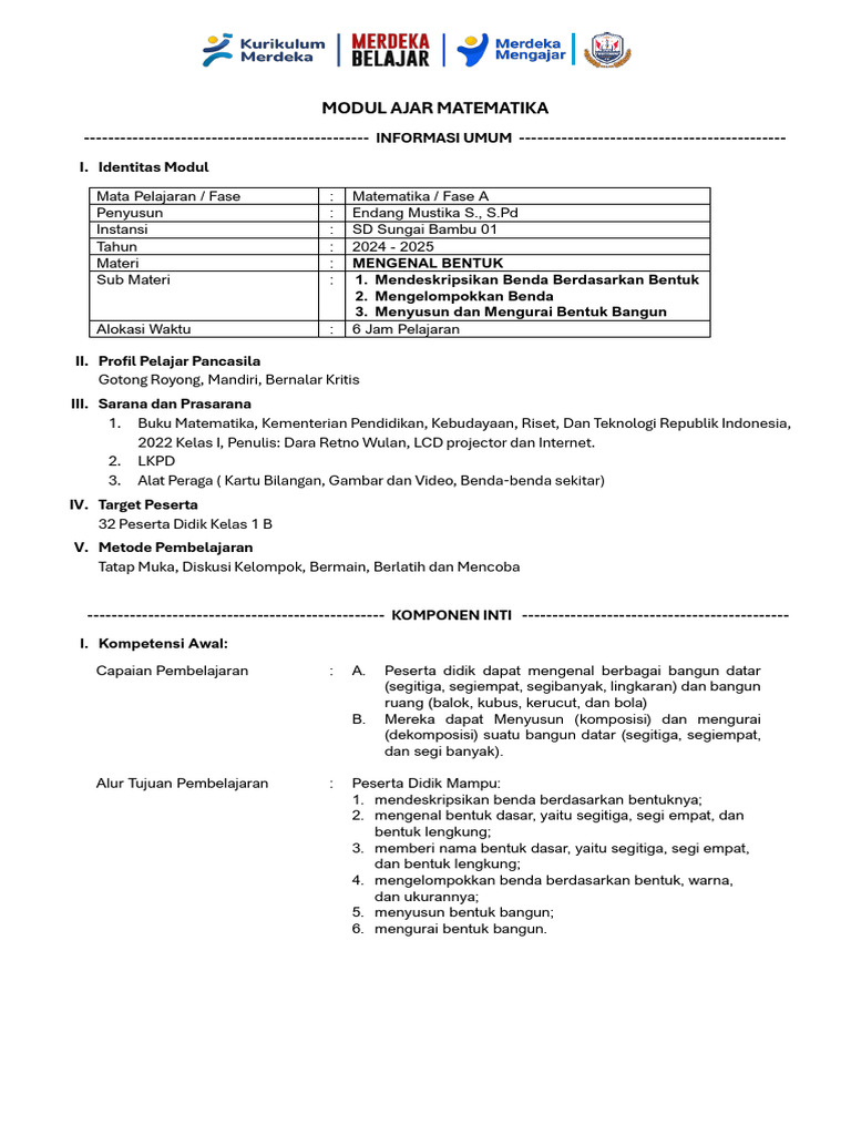Modul Ajar Matematika - 4 Mengenal Bentuk | PDF