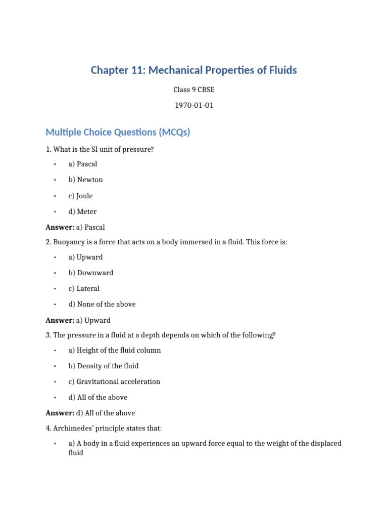 Chapter 11 Mechanical Properties of Fluids | PDF | Buoyancy | Pressure