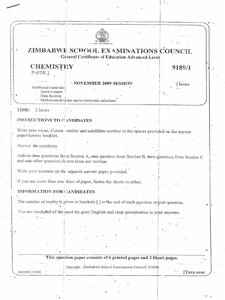 Zimsec A-Level Chemistry QP November 2009 Paper 1 | PDF