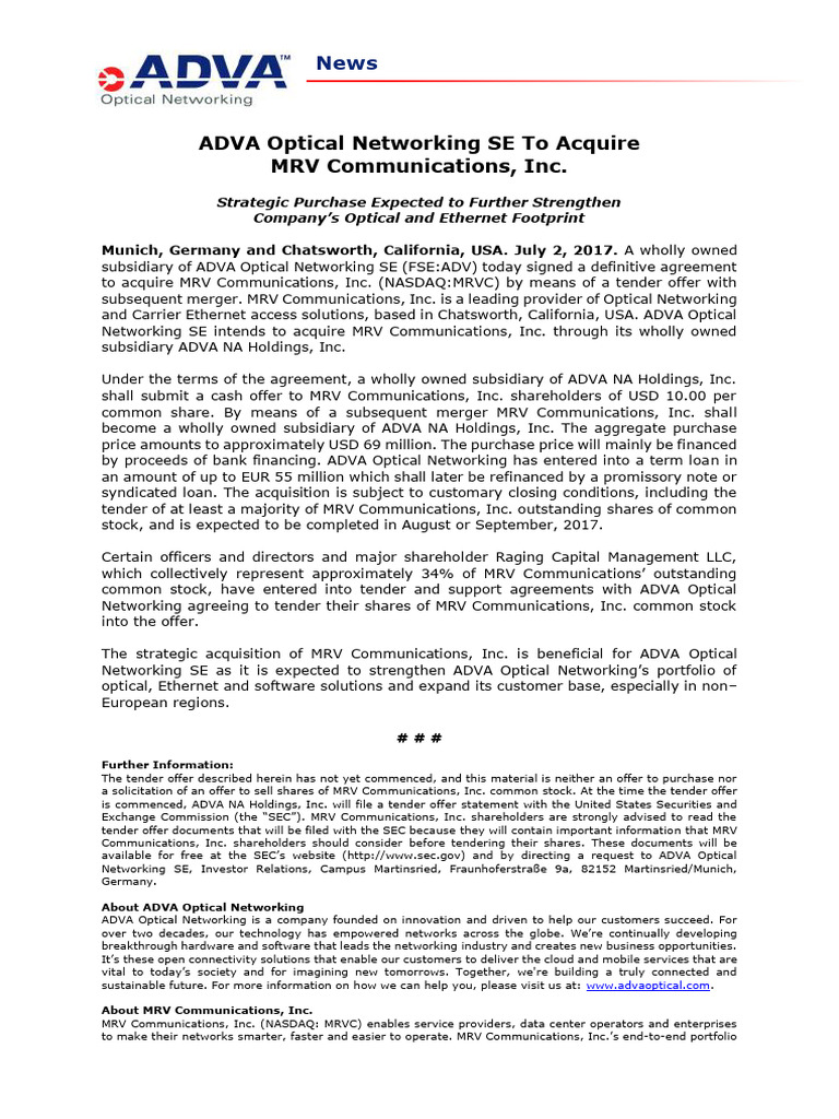 ADVA to Acquire MRV Communications | PDF | Mergers And Acquisitions ...