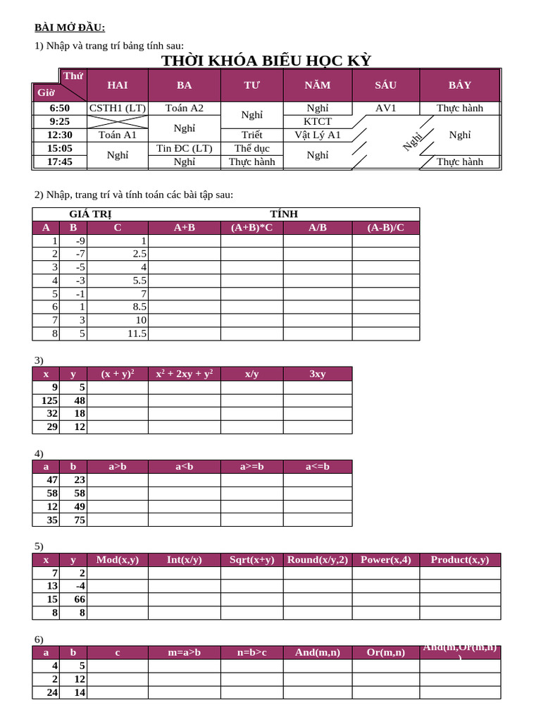 Bai Tap Thuc Hanh Excel Co Ban | PDF