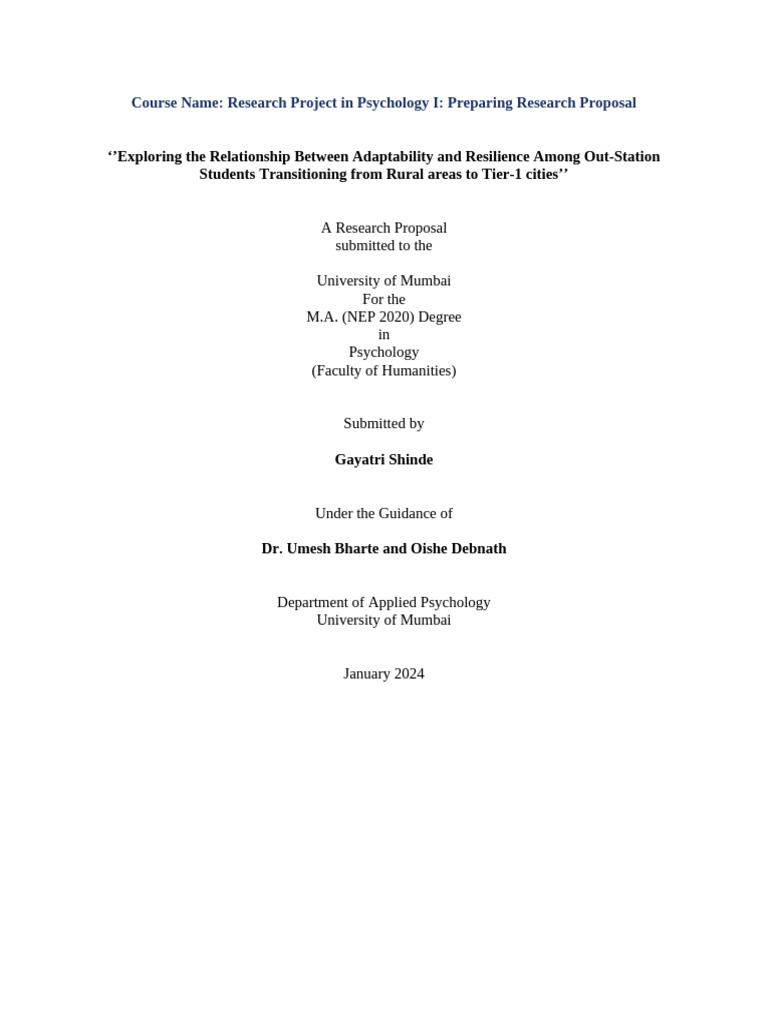 Gayatri's Research Proposal | PDF | Psychological Resilience | Statistics