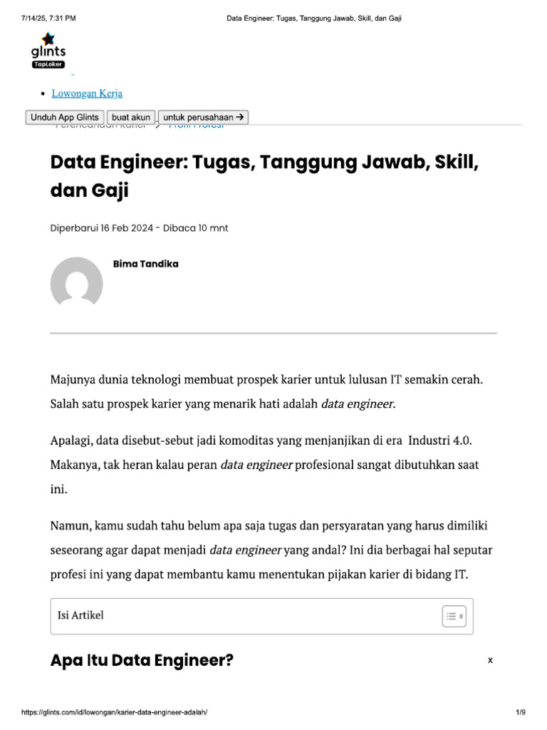 Data Engineer - Tugas, Tanggung Jawab, Skill, Dan Gaji | PDF