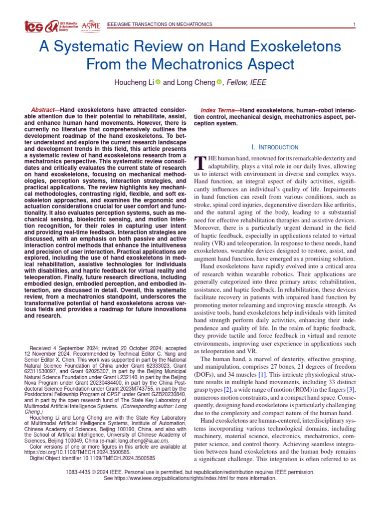 Hand Exoskeletons: A Mechatronics Review | PDF | Electromyography ...