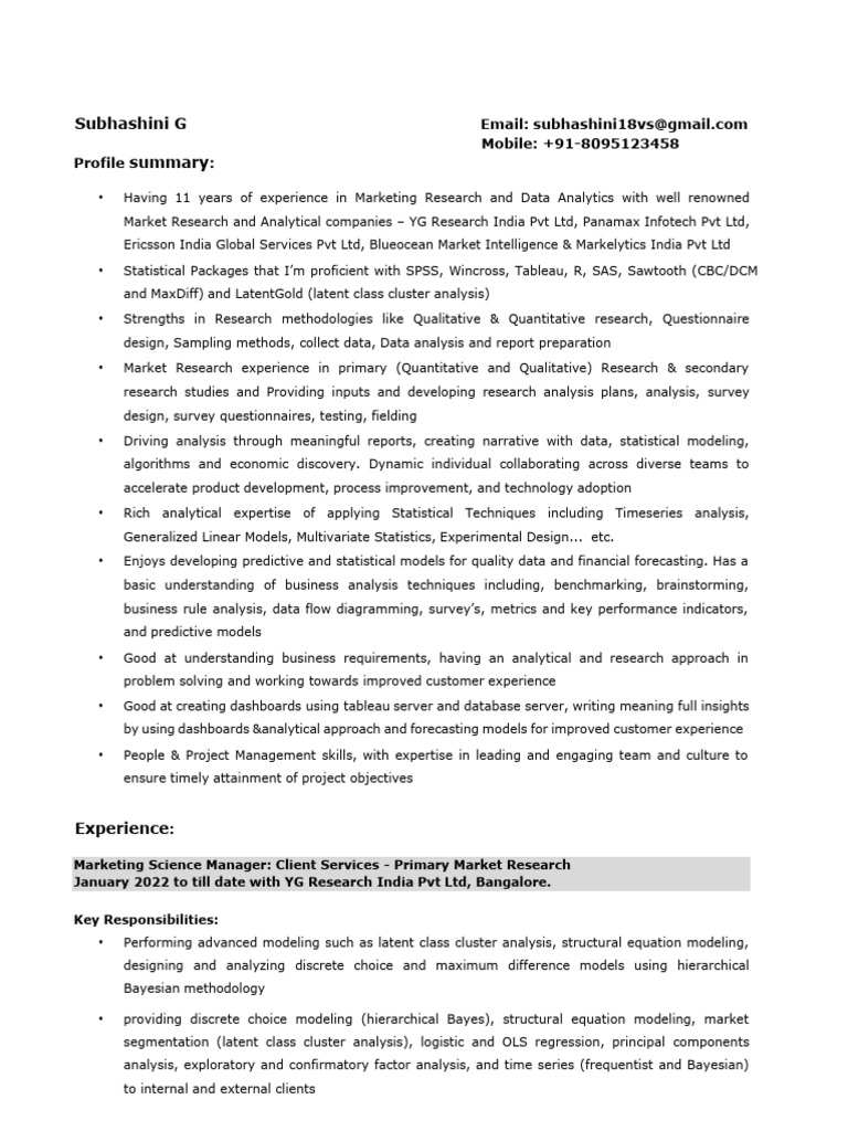 Subhashini - DataAnalytics (Marketing Science Manager) Resume | PDF | Statistics | Data