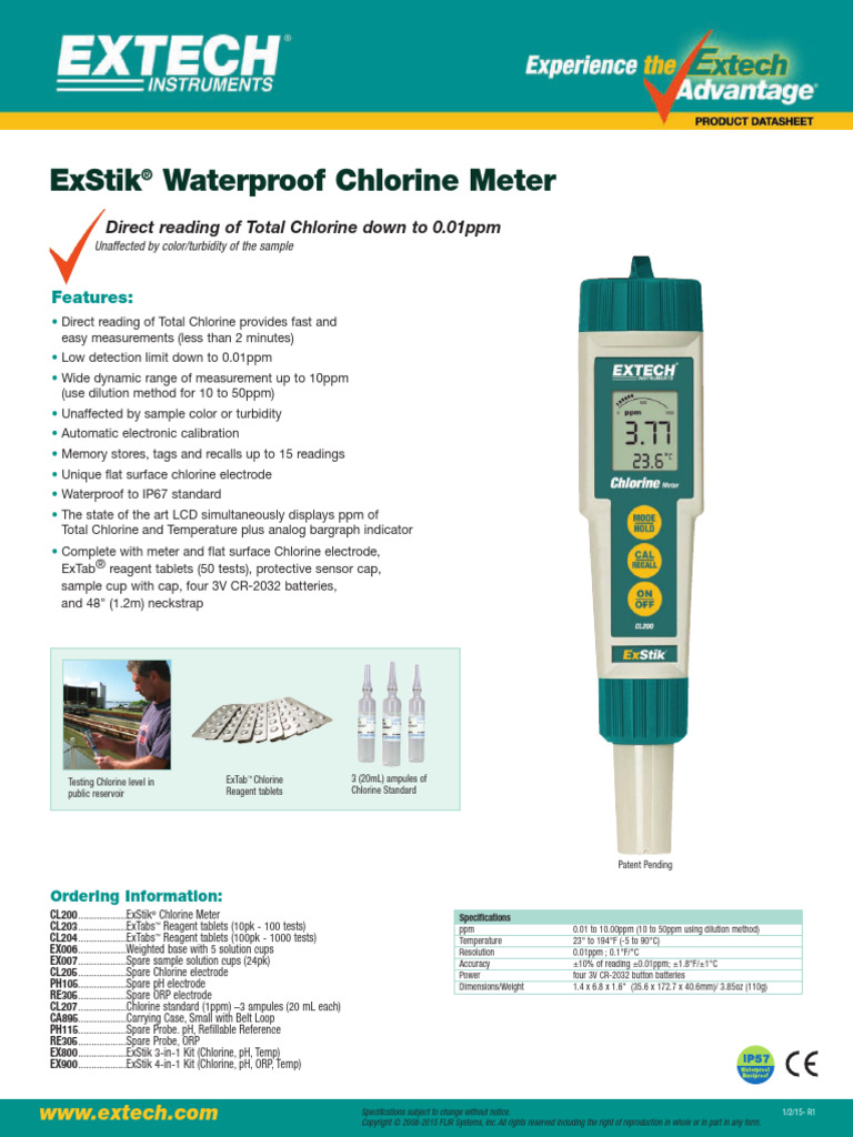 Extech CL200 Waterproof Chlorine Meter | PDF | Ph | Chlorine